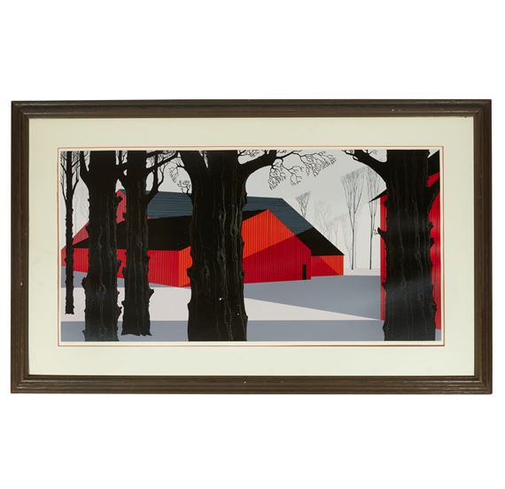 Eyvind Earle | Red Barn and Tree Snow | MutualArt