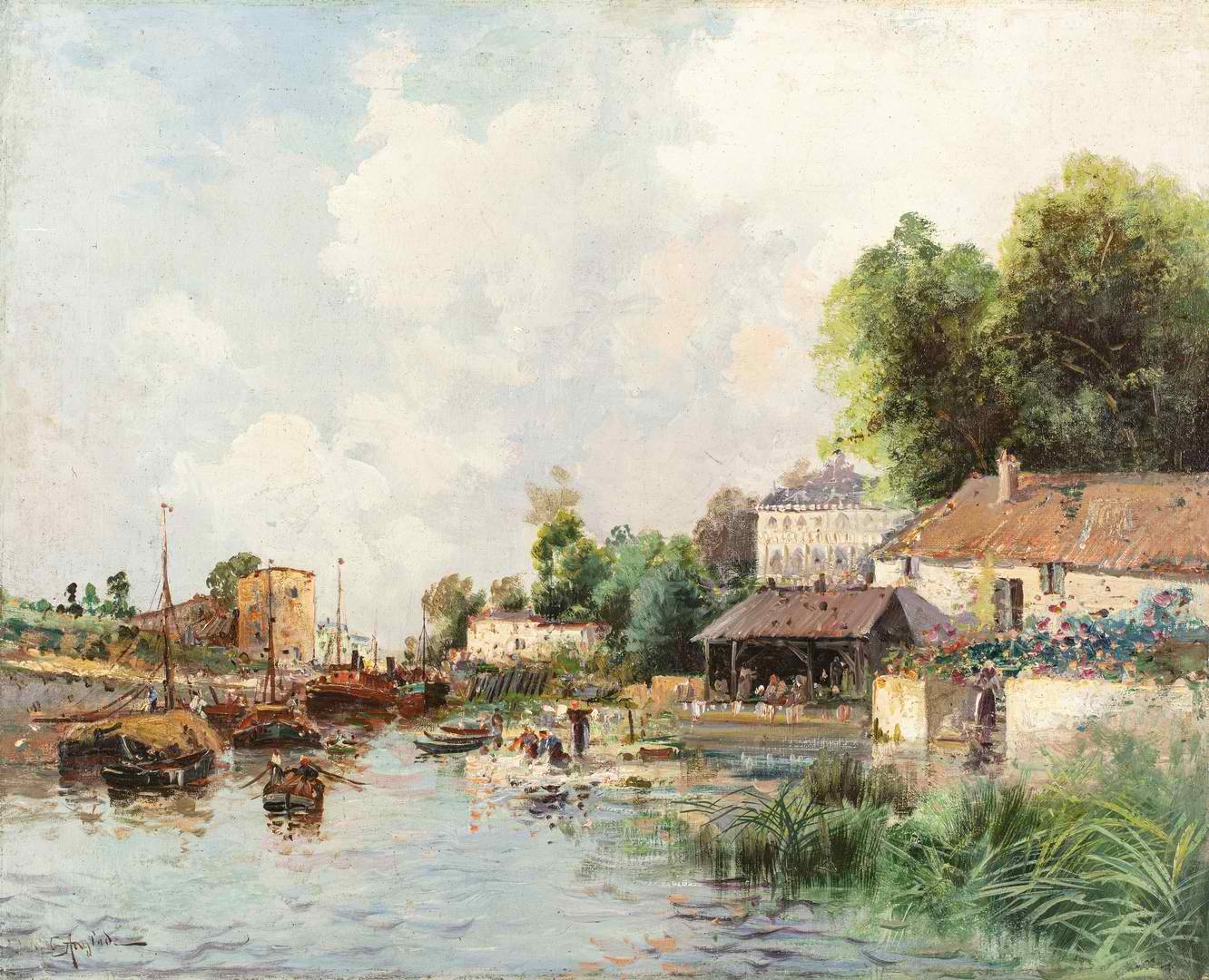 Gaston Anglade | Bateaux et lavandières au bord d'un canal | MutualArt