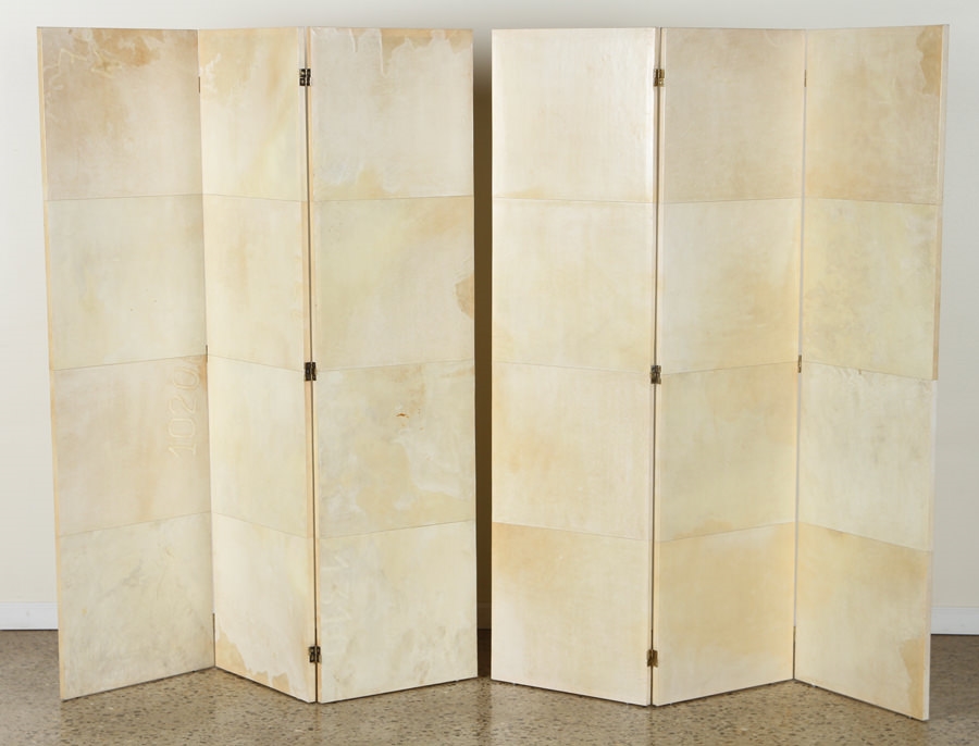 Jean-Michel Frank | A pair of three panel parchment covered room ...