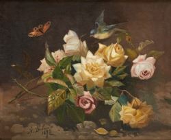 Alexandre Debrus | Jetée de roses avec mésange et papillon (1897 ...