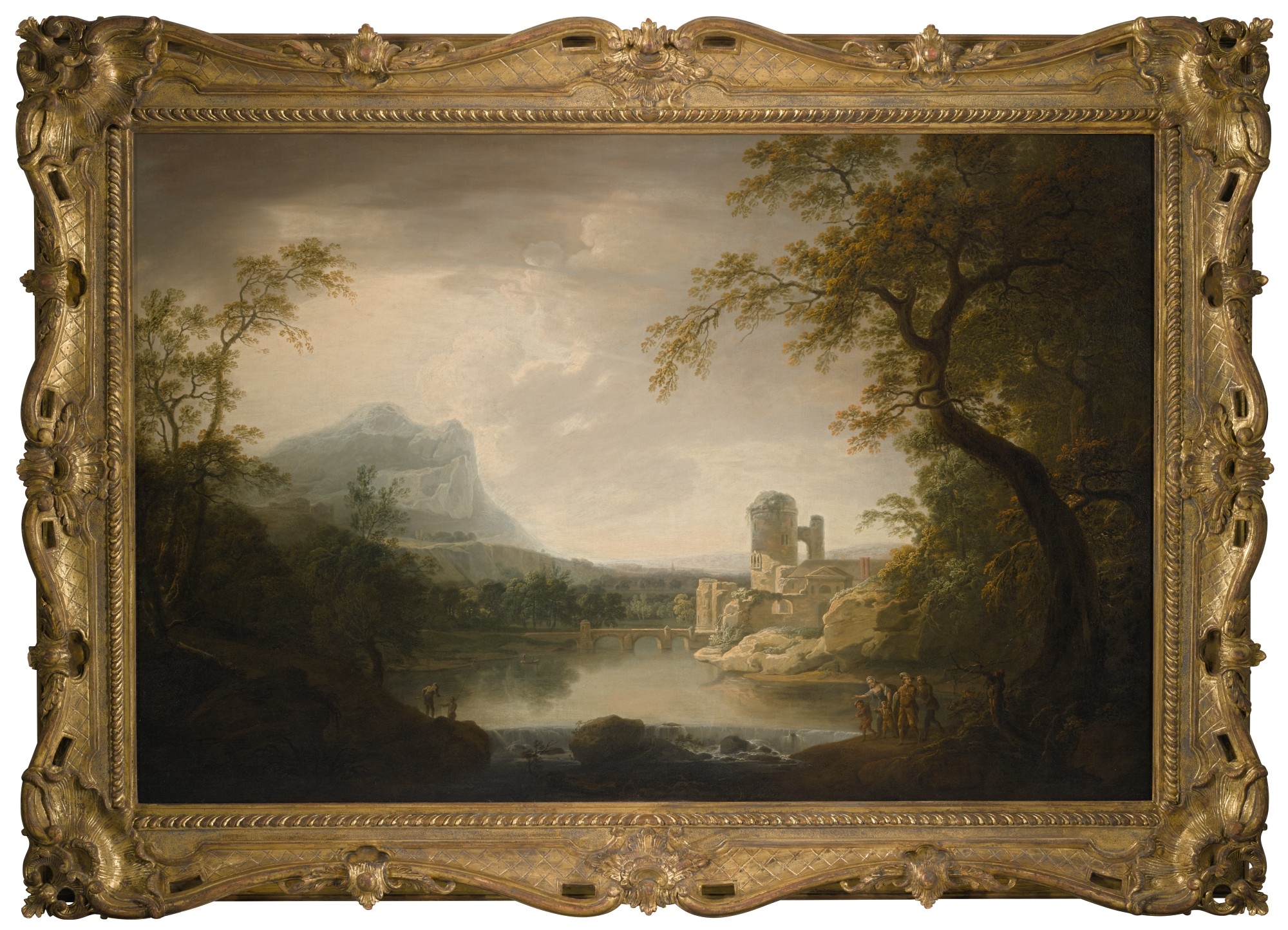 George Mullins | A RIVER LANDSCAPE WITH A GROUP OF FIGURES BY A ...