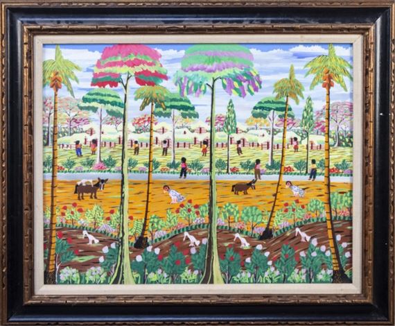 Justo Susana | Outdoor scene of a village with figures and animals ...