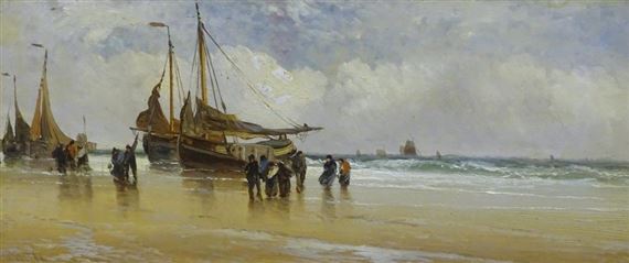 H. Walter | Coastal scene with fishing boats and figures | MutualArt
