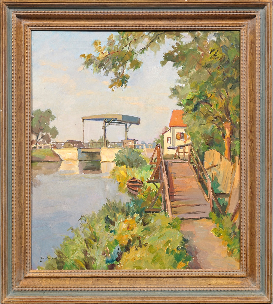 Hans Zank | Sommerlandschaft mit kleiner Zugbrücke über einem Kanal ...
