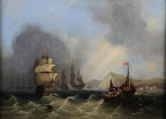 Frederick Calvert | Warships at anchor off the coast and other shipping ...