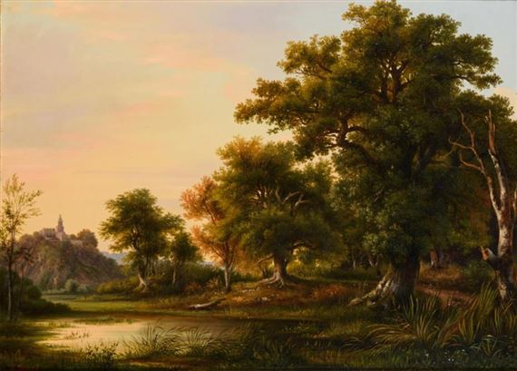 August Becker | STIMMUNGSVOLLE WALDLANDSCHAFT MIT BURG | MutualArt