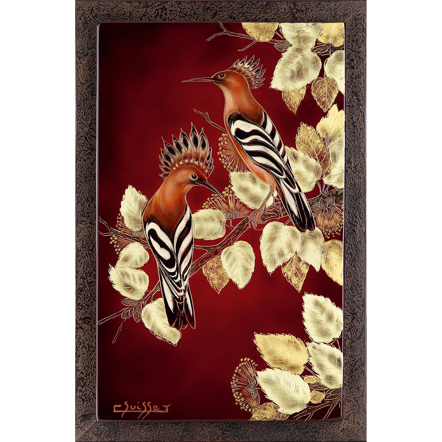 Gaston Suisse | Panneau rectangulaire en laque à décor d'oiseaux huppés ...