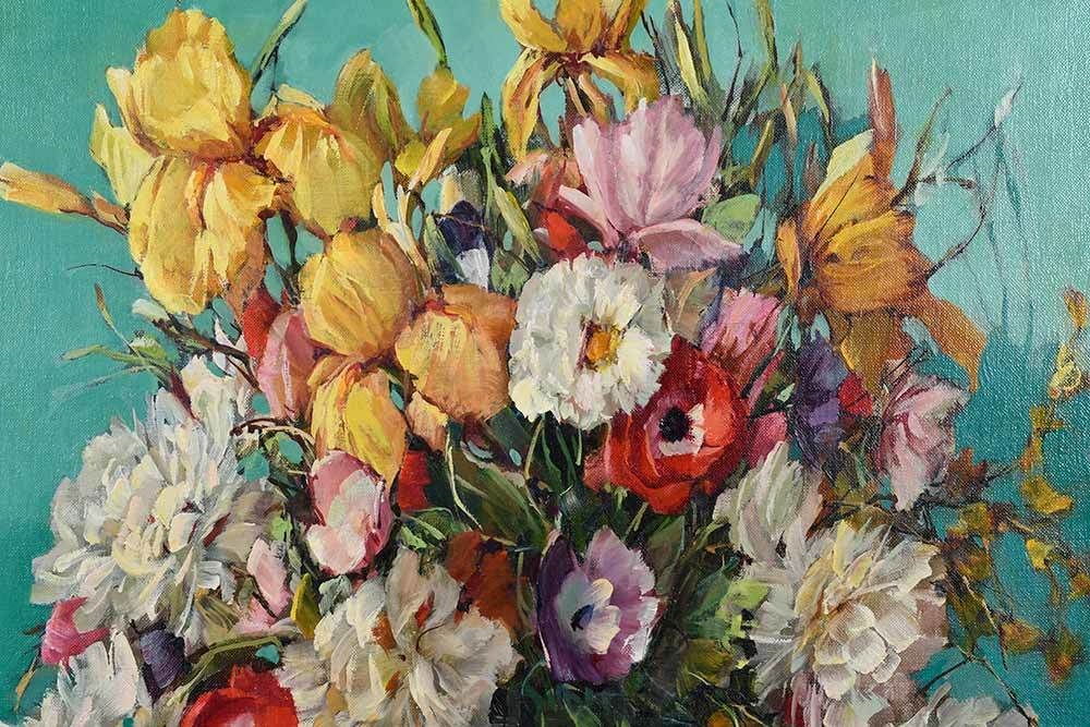 Della Roberts | Spring Flowers on Bamboo Table | MutualArt