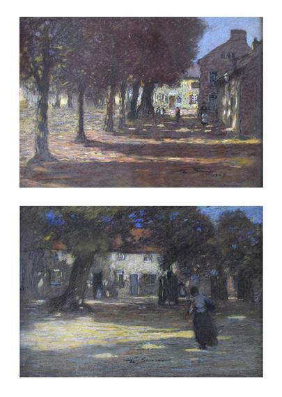 Mark Senior | Two works: Figures in a village square bordered by trees ...