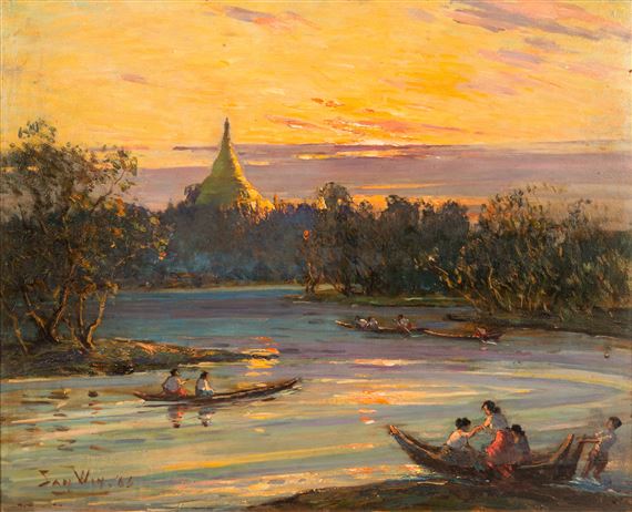 San Win | Sunset Over Pagoda with River in Foreground (1966) | MutualArt