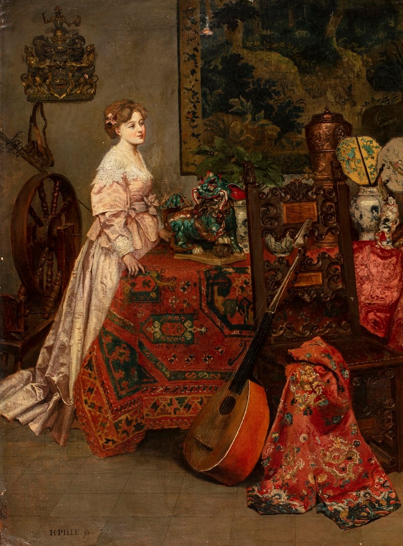Henri Pille | Femme dans un cabinet de curiosité (1871) | MutualArt