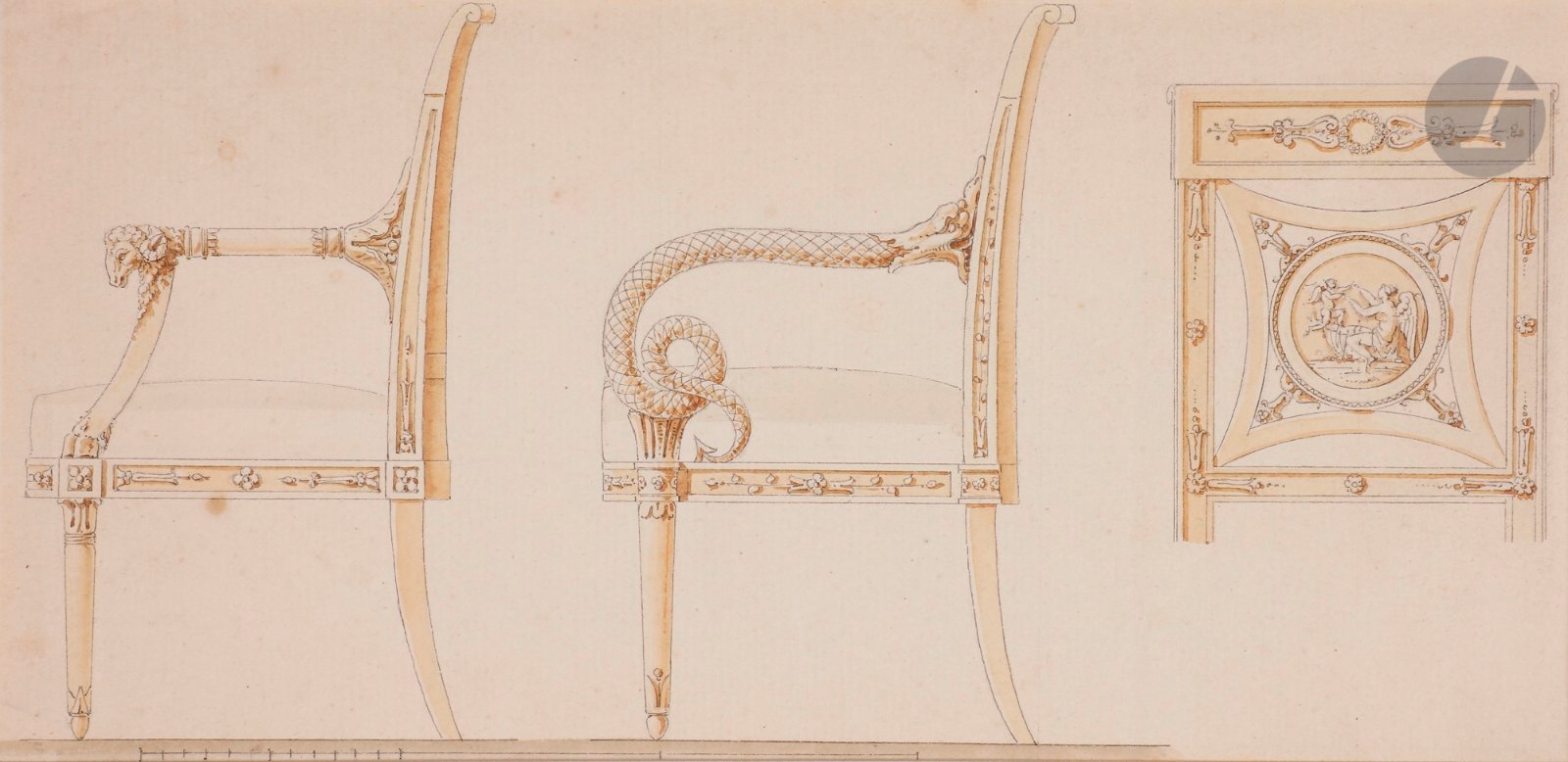 Jean Démosthène Dugourc | Trois projets de fauteuil sur la même feuille ...