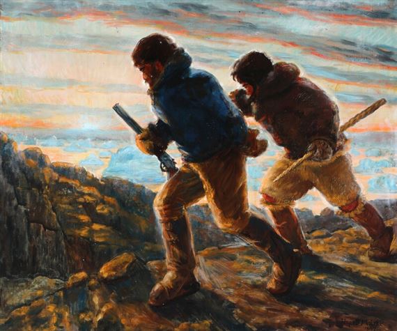 Harald Moltke | Greenlandic landscape with two huntsmen (1947) | MutualArt