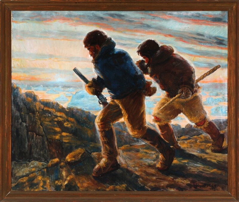 Harald Moltke | Greenlandic landscape with two huntsmen (1947) | MutualArt
