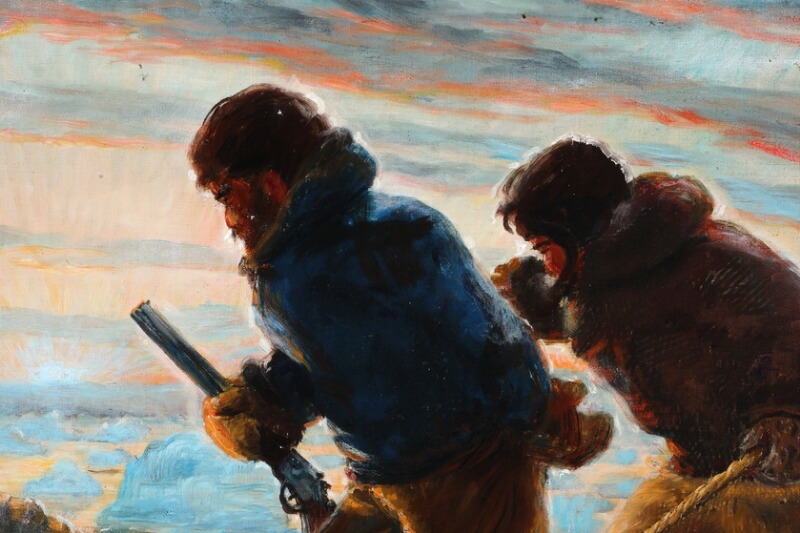 Harald Moltke | Greenlandic landscape with two huntsmen (1947) | MutualArt