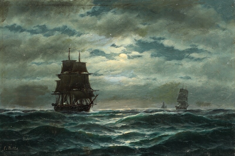 Carl Ludwig Bille | Seascape with sailing ships in the moonlight ...
