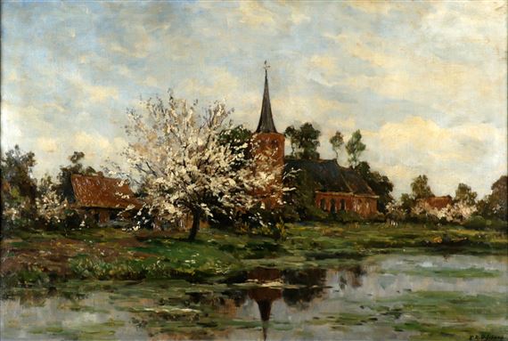 Egbert Rubertus Derk Schaap | Kerkje te Ankeveen met bloesemboom ...