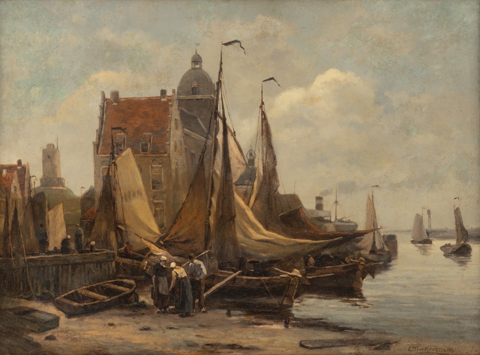 Louis Etienne Timmermans | A Dutch Harbour View with Fishermen | MutualArt