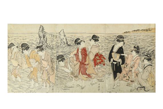 Kitagawa Utamaro | Oban triptych depicting women at the beach in ...
