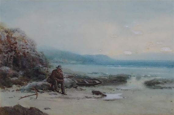 William Joseph Wadham | A rocky coastal beach scene with a seated ...