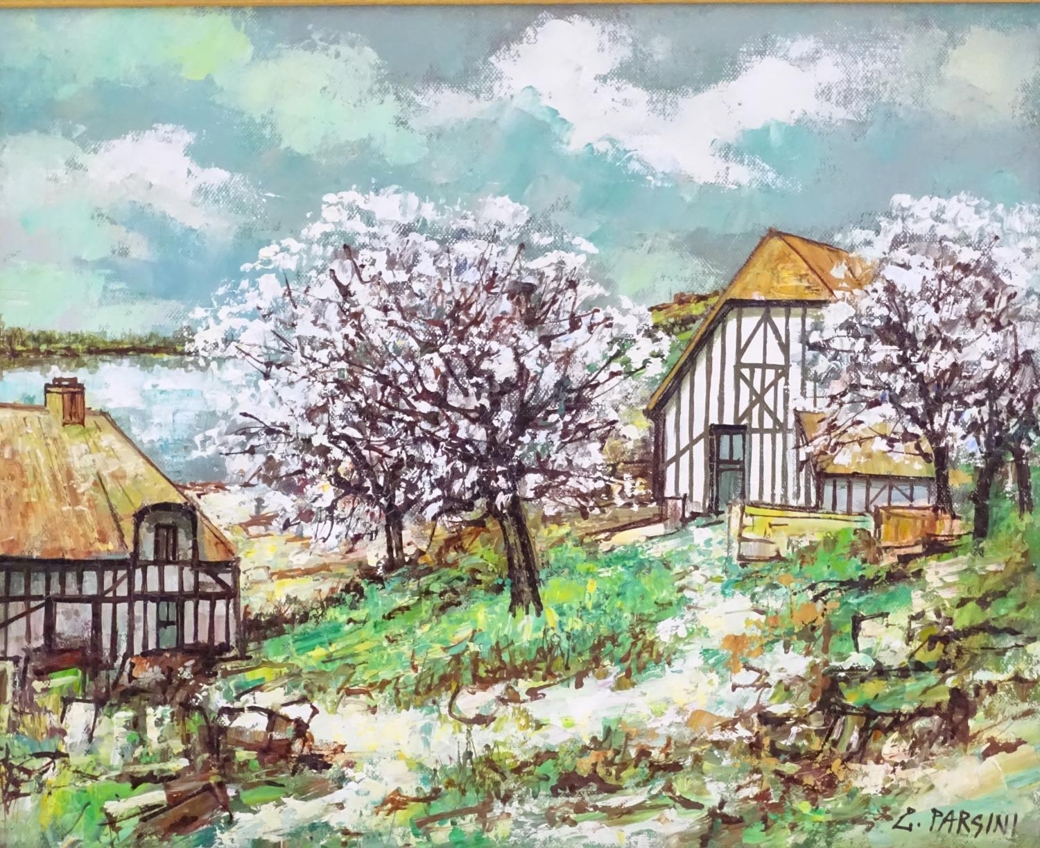 Luciana Parsini | A landscape scene with timber framed houses, blossom ...