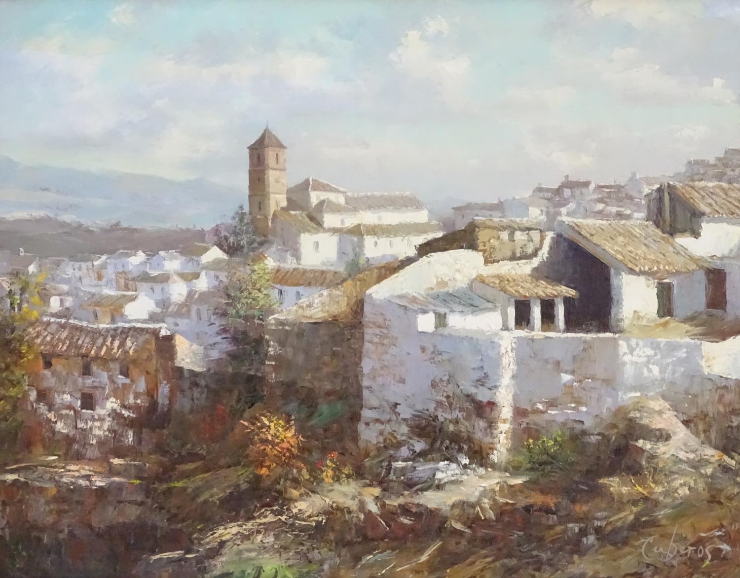 Manuel Cuberos | A landscape scene depicting a Spanish town with ...