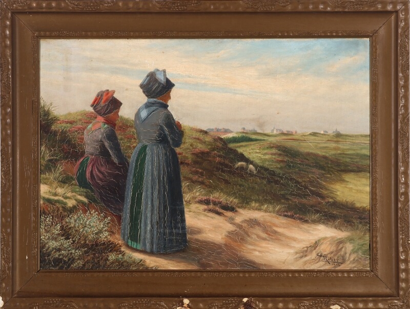 Peder Riber | Landscape from Fanø with two women wearing folk costumes ...