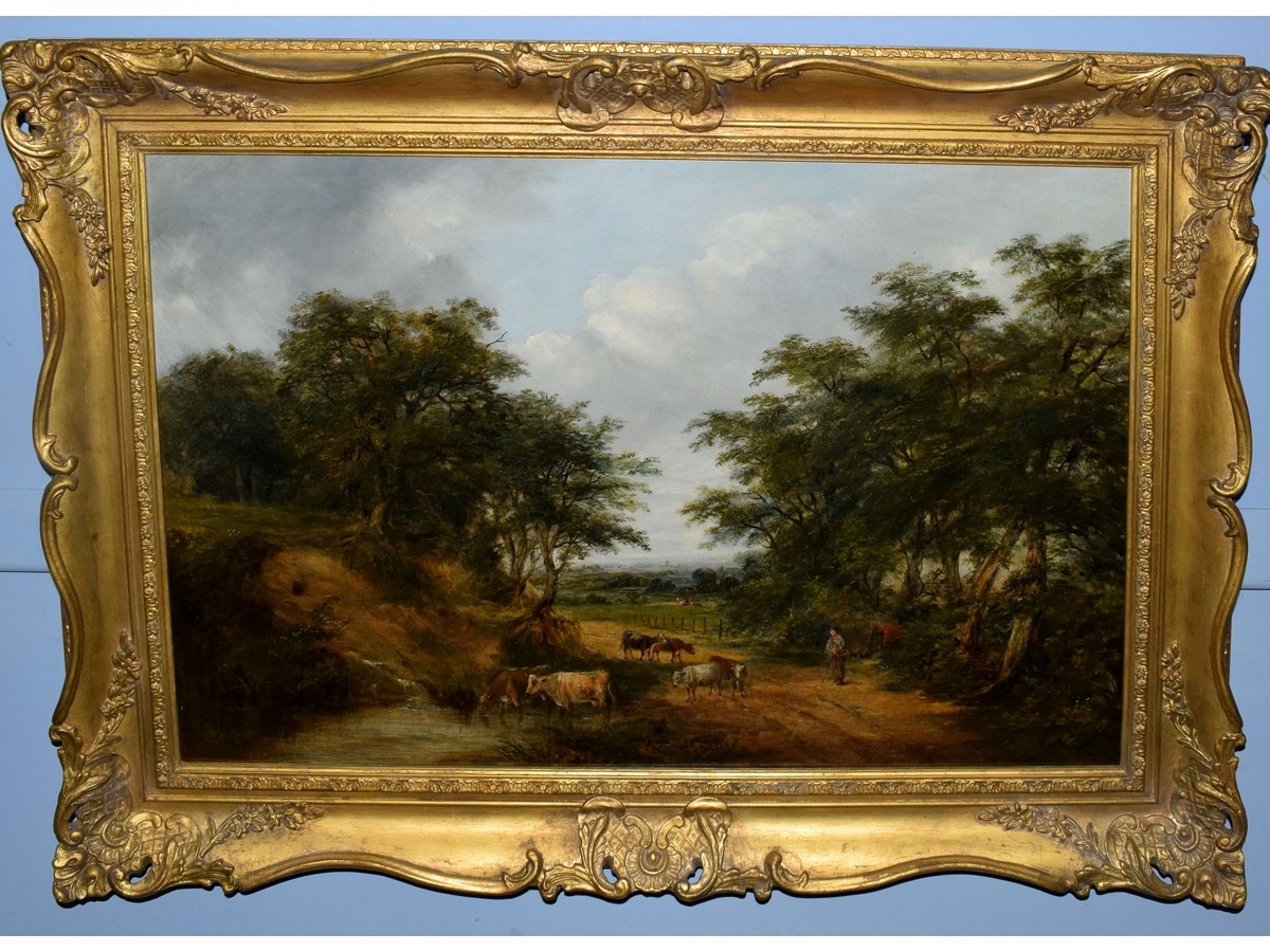 Robert Burrows | Country Landscape with Herder and Cattle in a Lane ...