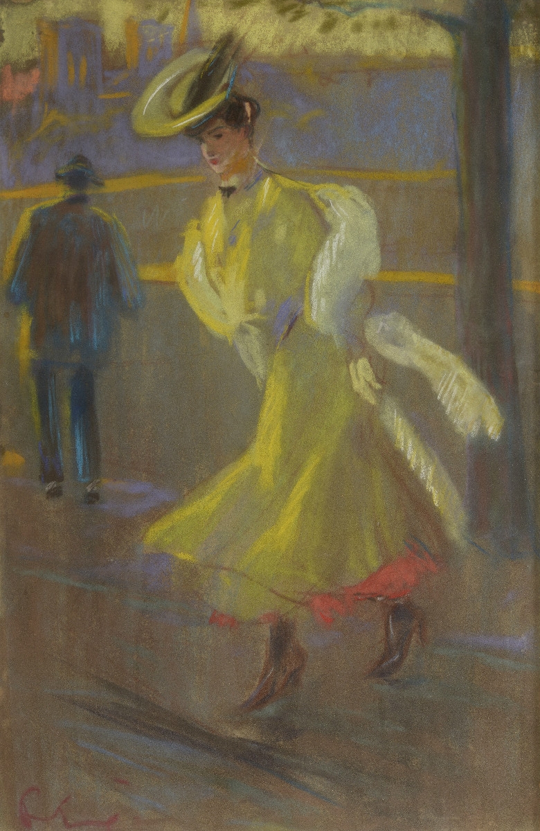 Louis Fortuney | Elégante à la robe jaune (Circa 1915) | MutualArt