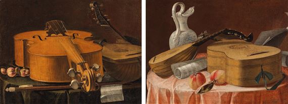 Cristoforo Munari | A lute and guitar by a jug and peaches with sheets ...