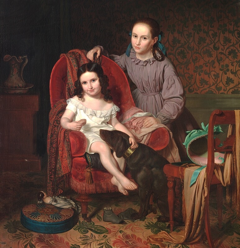 David Monies | Two sisters giving the dog a treat (1865) | MutualArt