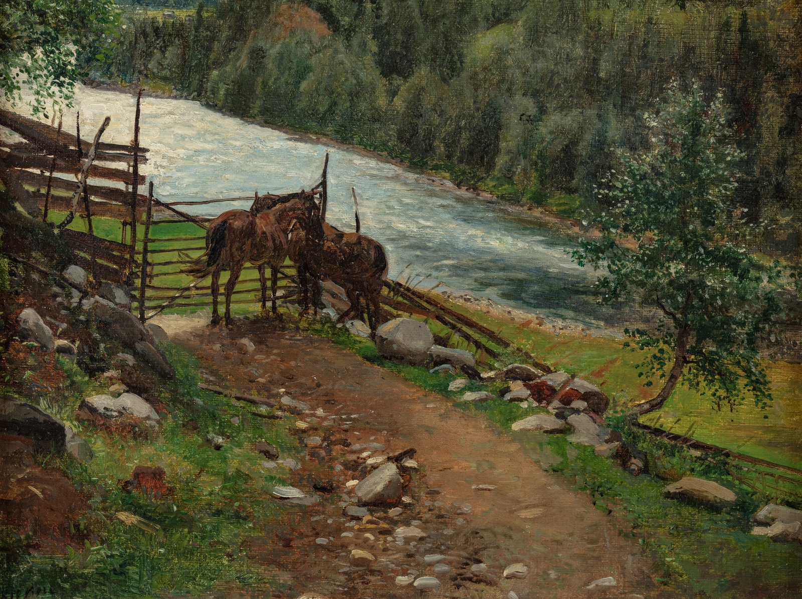 Peter Nicolai Arbo | Elveparti med hester, Numedal | MutualArt