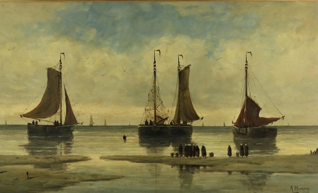Albert Eduard Moerman | Bomschuiten en vissersvolk op strand | MutualArt