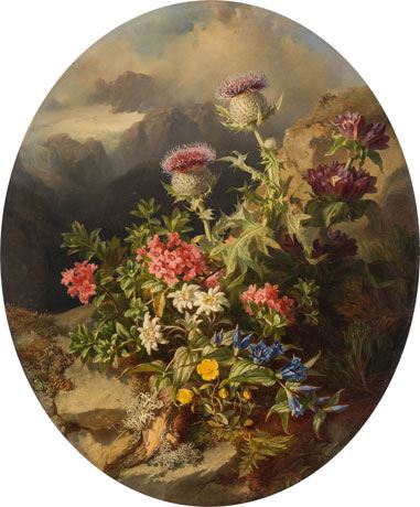 Andreas Lach | Still life with alpine flowers and Dachstein Mountain in ...