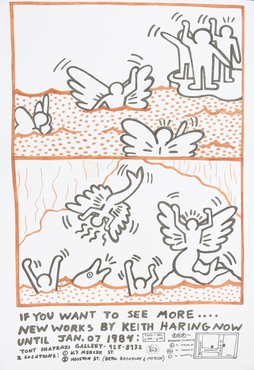 Keith Haring | Depicting flying mermaids, figures and a dolphin | MutualArt