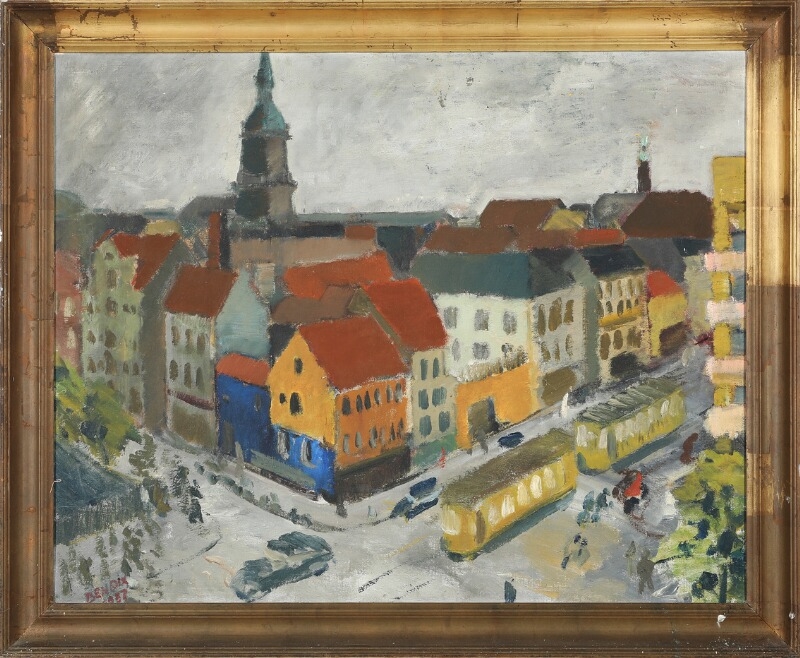 Hans Bendix Pedersen | Town scape with tram cars (1957) | MutualArt