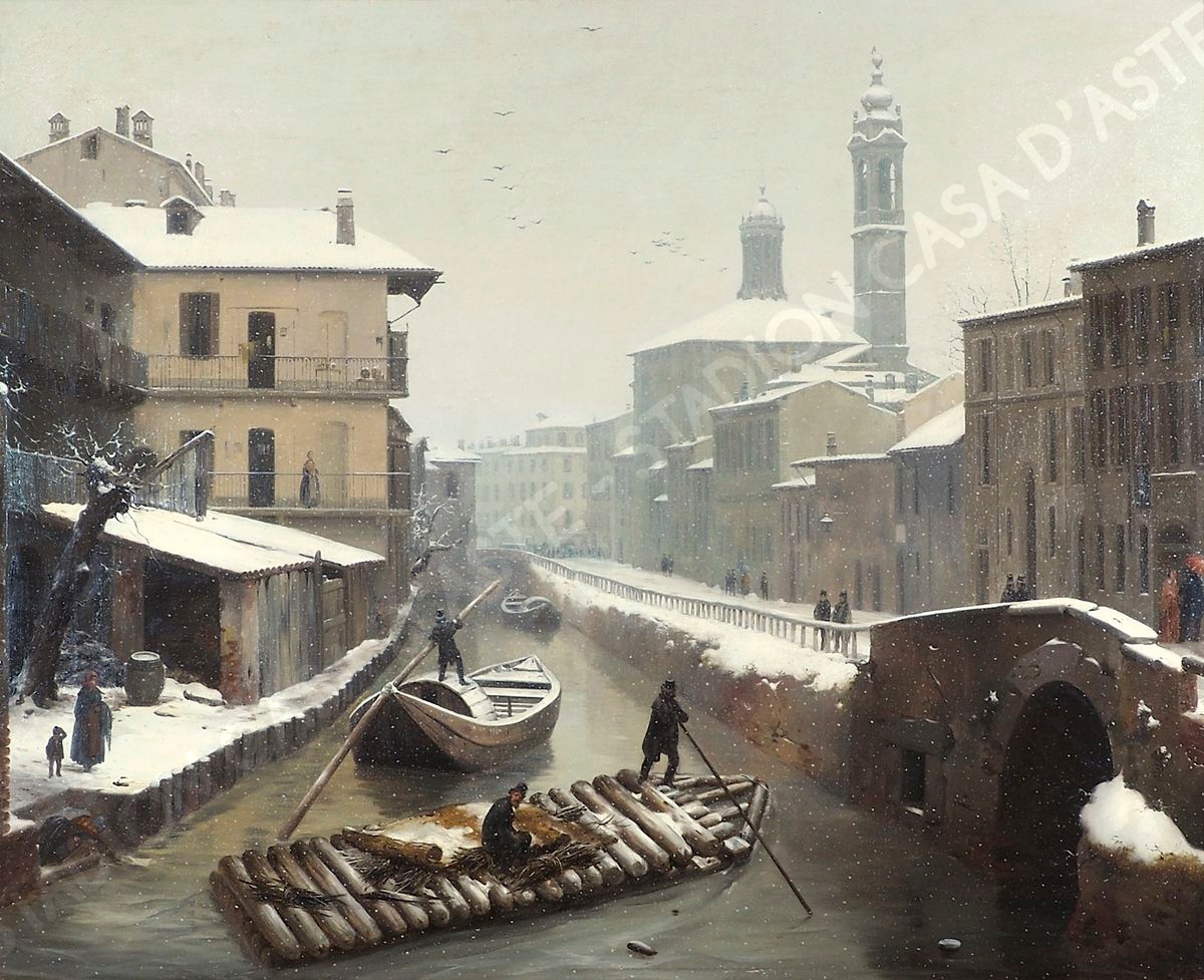 Angelo Inganni | Nevicata ai Navigli (1852) | MutualArt
