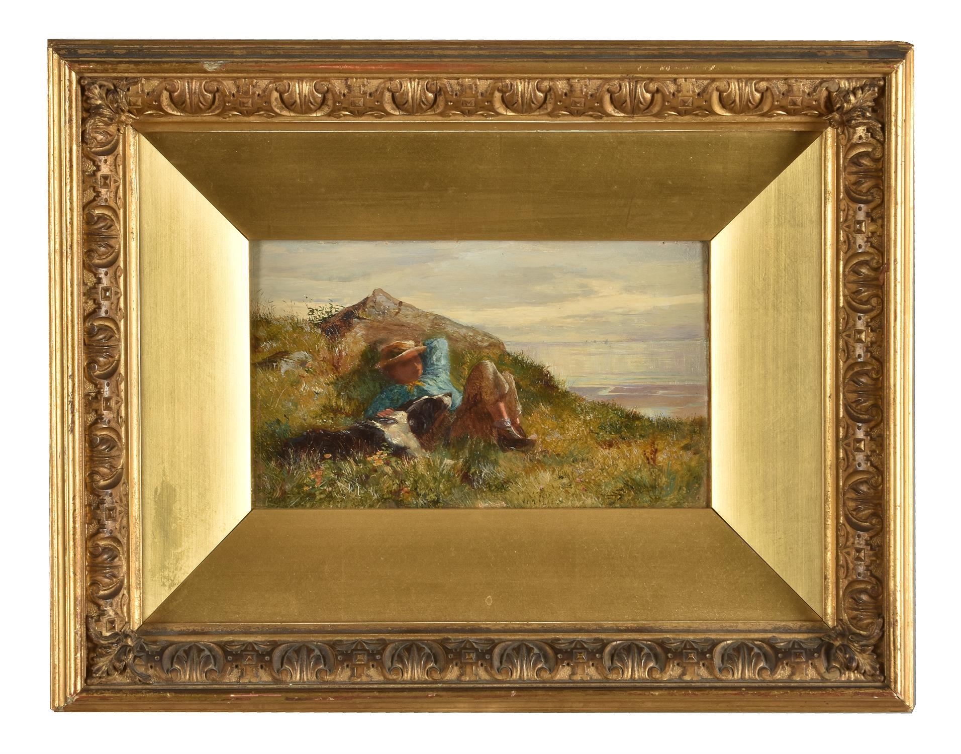 Lionel Percy Smythe | Boy resting beside a rock with his dog | MutualArt