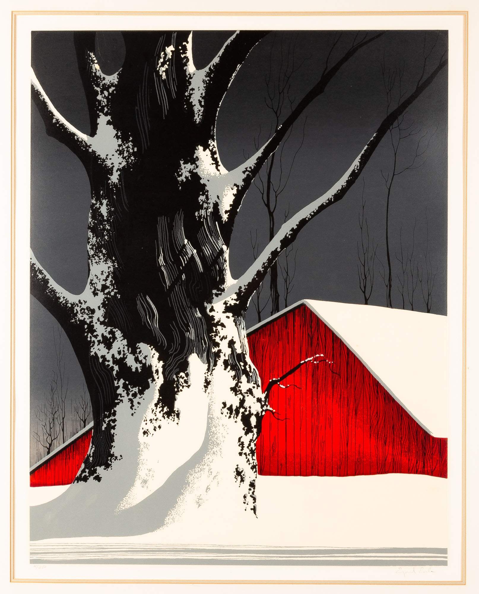 Eyvind Earle | Red Barn and Tree Snow | MutualArt