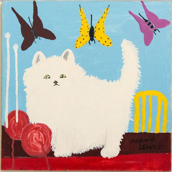Maud Lewis | WHITE CAT WITH YARN AND BUTTERFLIES | MutualArt