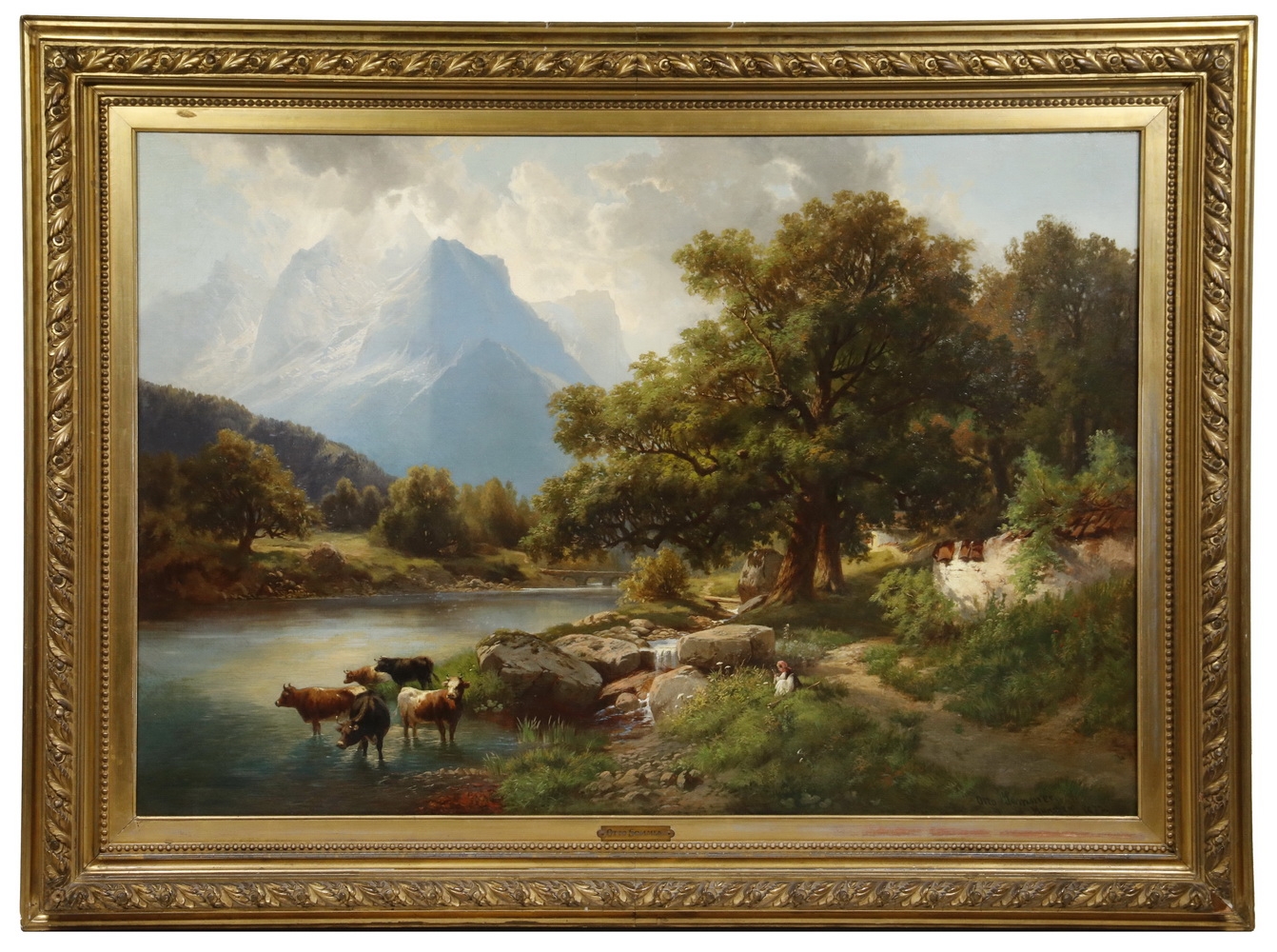 Otto Sommer | Monumental Alpine Pastoral Scene with cows in shallows of ...
