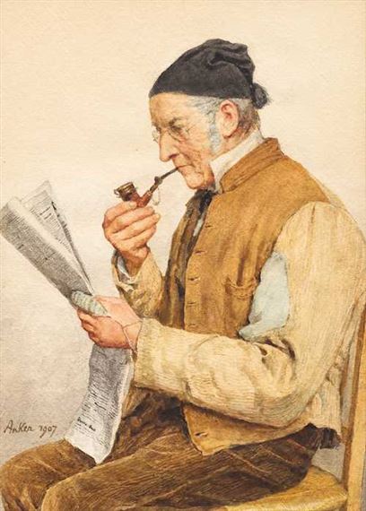 Albert Anker | Grandfather reading the newspaper (1907) | MutualArt
