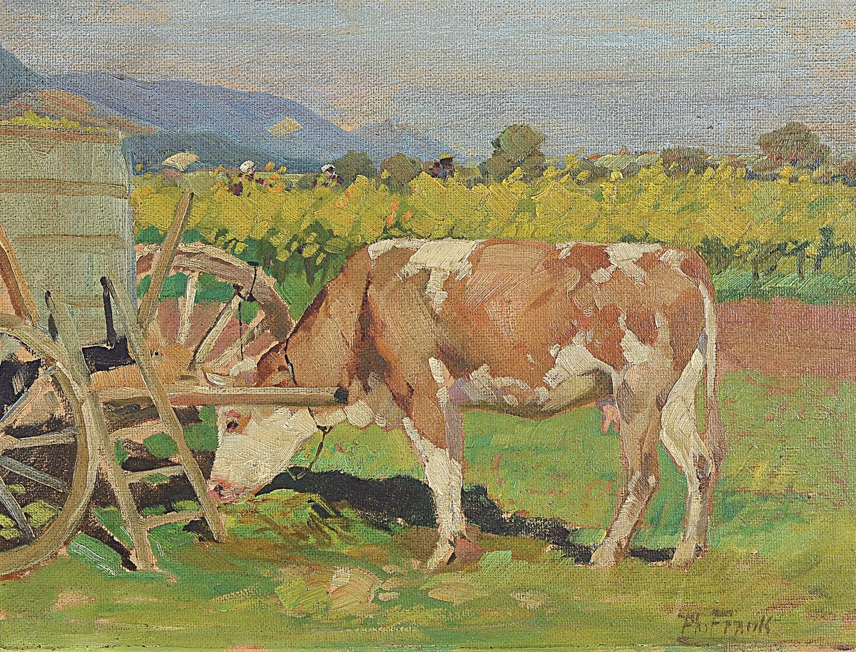 Philipp Frank | cow and cart in front of the Wingert | MutualArt