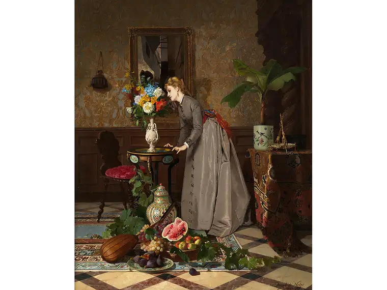 Jules-Adolphe Goupil | YOUNG LADY IN STATELY INTERIOR WITH FLOWER VASE ...