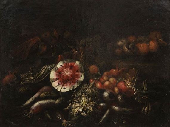 Paolo Paoletti | Still life with split watermelon, peaches, mushrooms ...