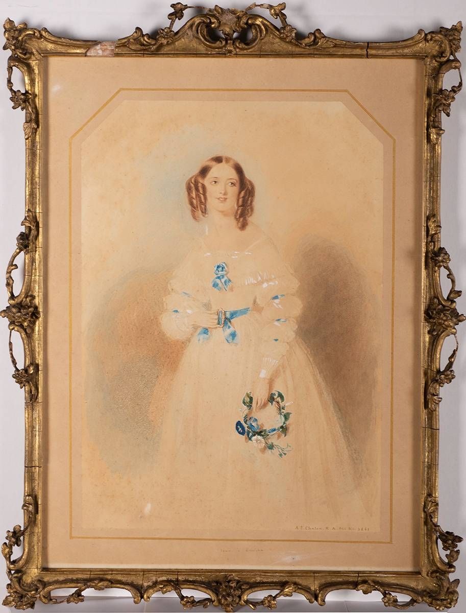 Alfred Chalon | Portrait of a seated lady wearing brown trimmed blue ...