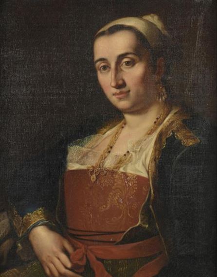 Antoine Raspal | Portrait de femme à la robe rouge et à la coiffe ...