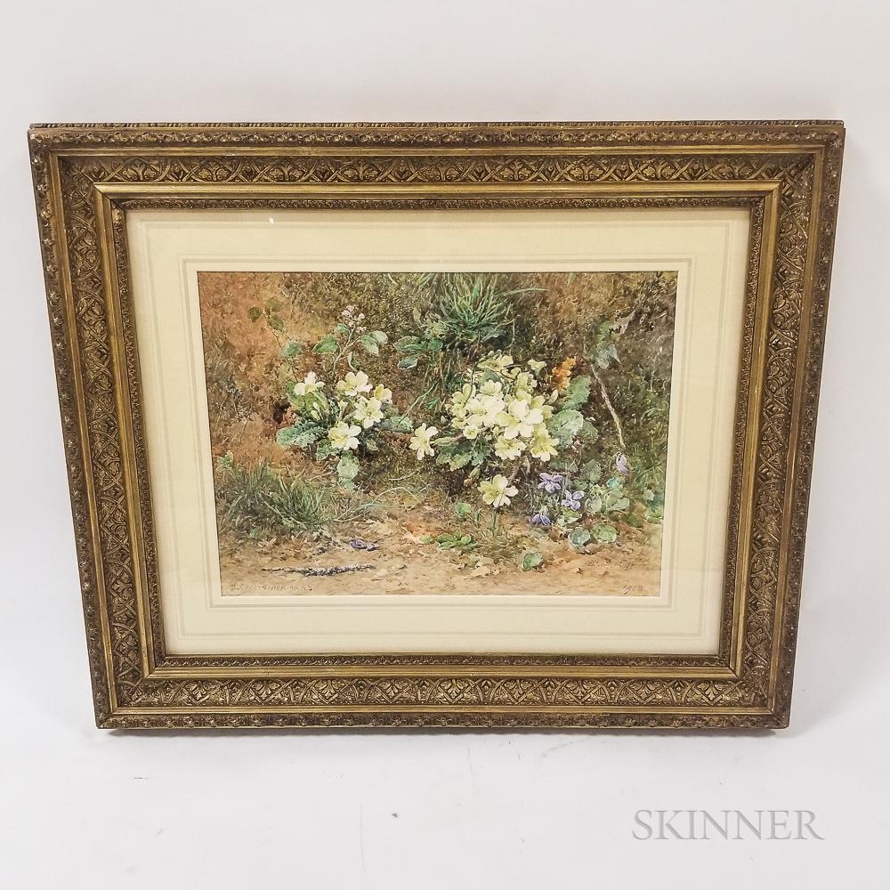 John Jessop Hardwick | Still Life with Primroses and Violets on a Mossy ...