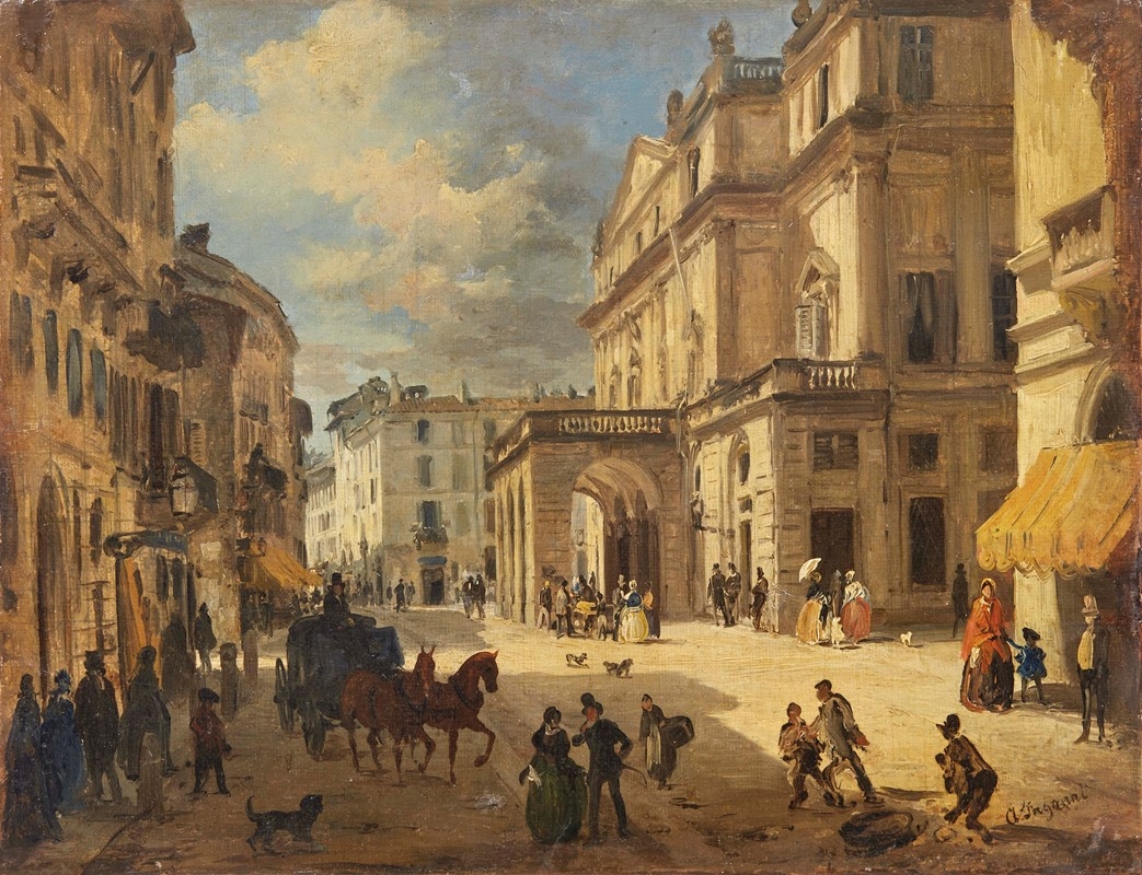 Angelo Inganni | VIEW OF THE SCALA THEATER FROM THE CORSIA DEL GIARDINO ...