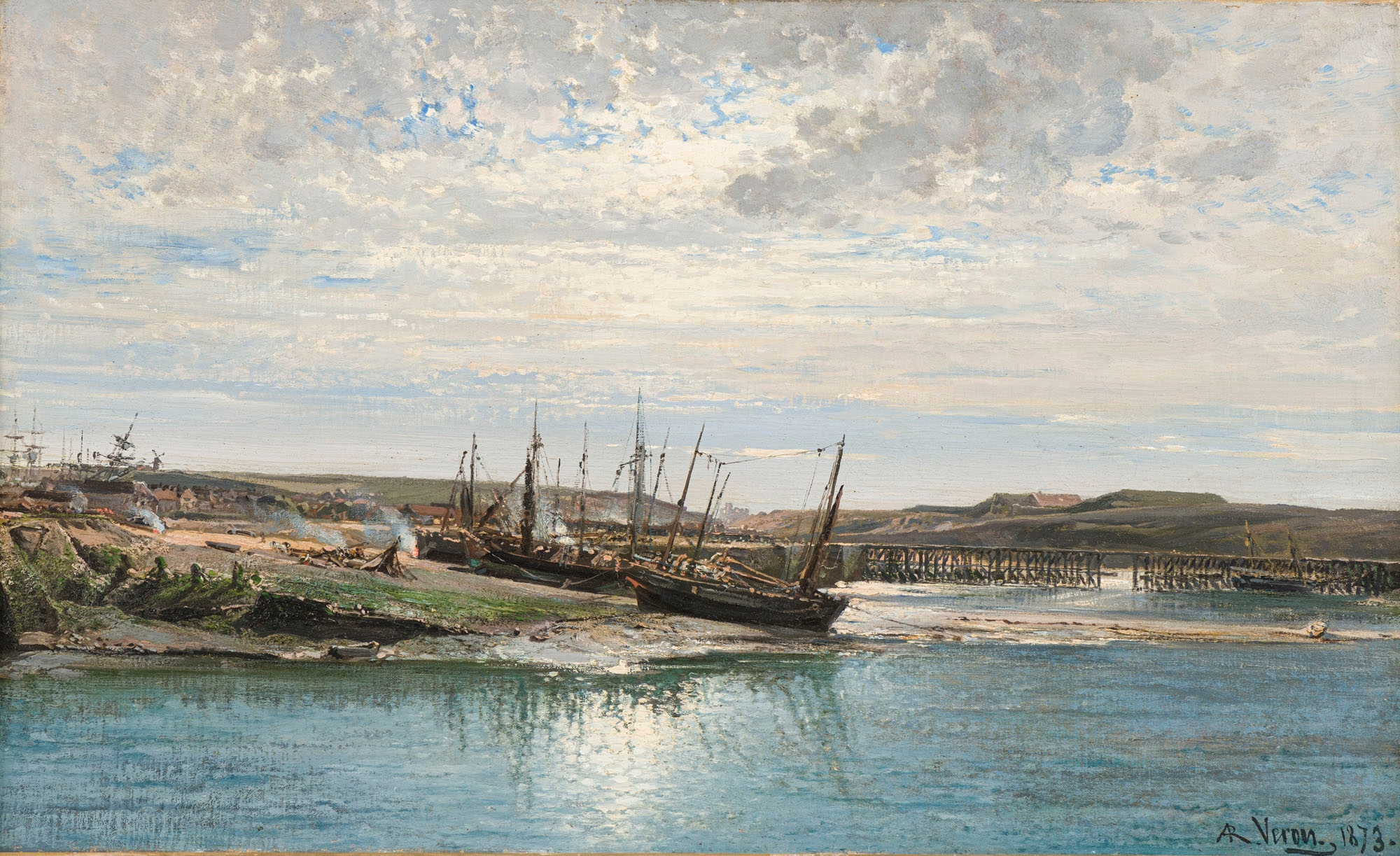 Alexandre René Véron | Bateaux à marée basse (1873) | MutualArt